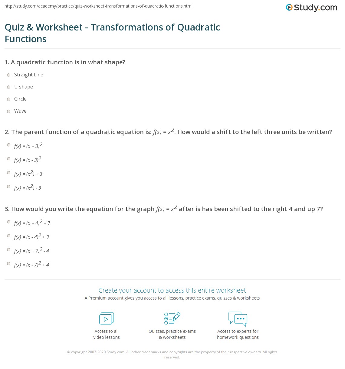 Quiz & Worksheet - Transformations of Quadratic Functions | Study.com - Worksheets Library