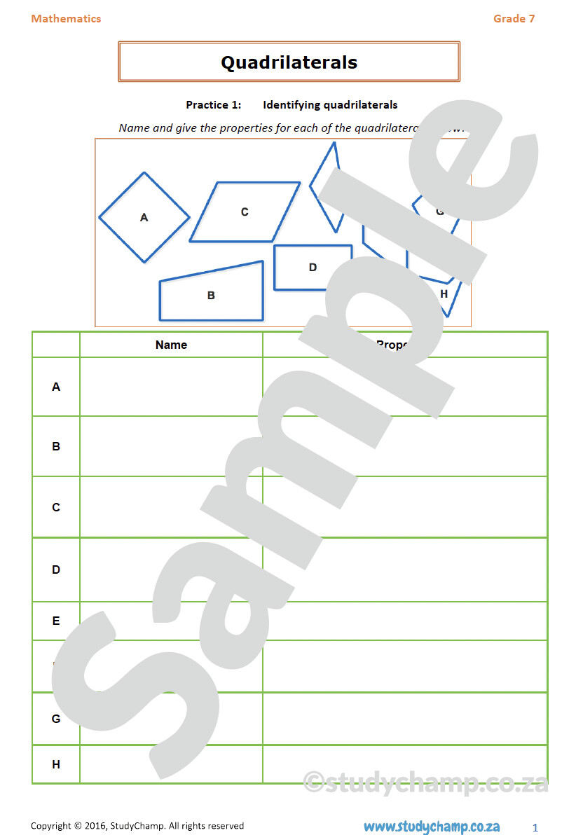 Grade 7 Mathematics Worksheet: Geometry - Quadrilaterals - Worksheets ...