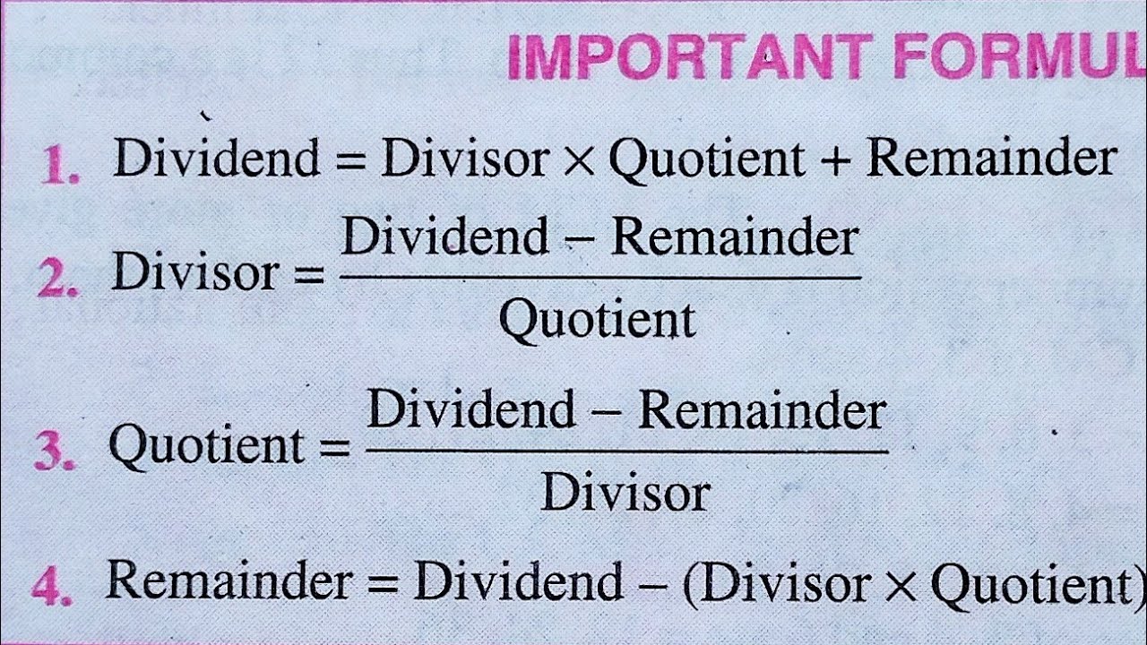 Division all formula l important Formula l Dividend Divisor Quotient Remainder formula ...