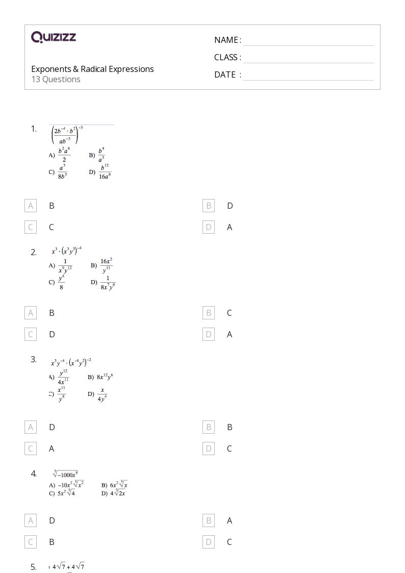 Free radical expressions and equations worksheet, Download Free radical ...