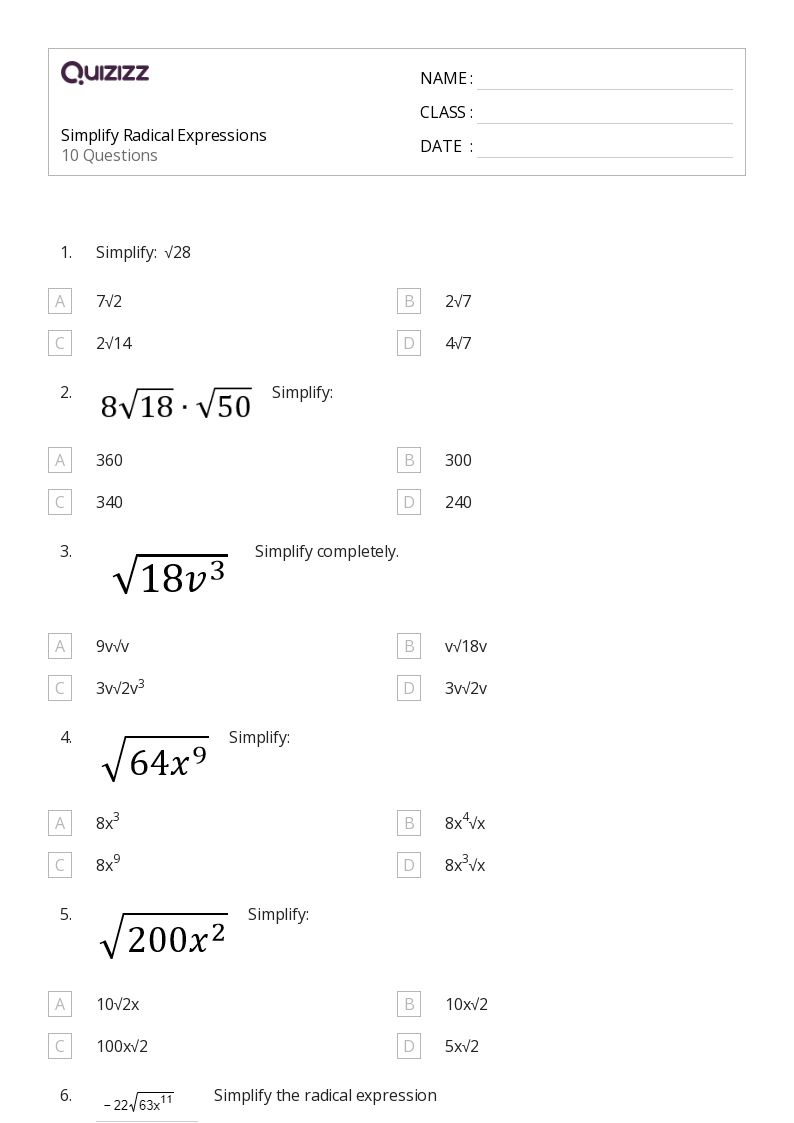 50+ Radical Expressions worksheets for 10th Class on Quizizz ...