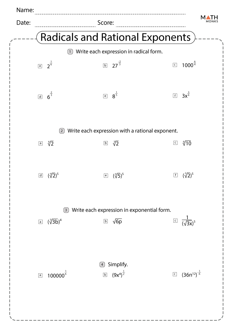Radicals and Rational Exponents Worksheets - Math Monks - Worksheets ...