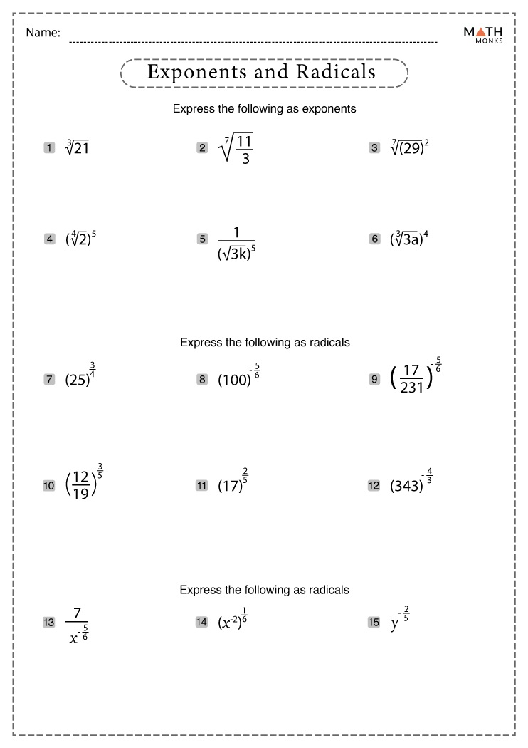 Radicals and Rational Exponents Worksheets - Math Monks - Worksheets ...