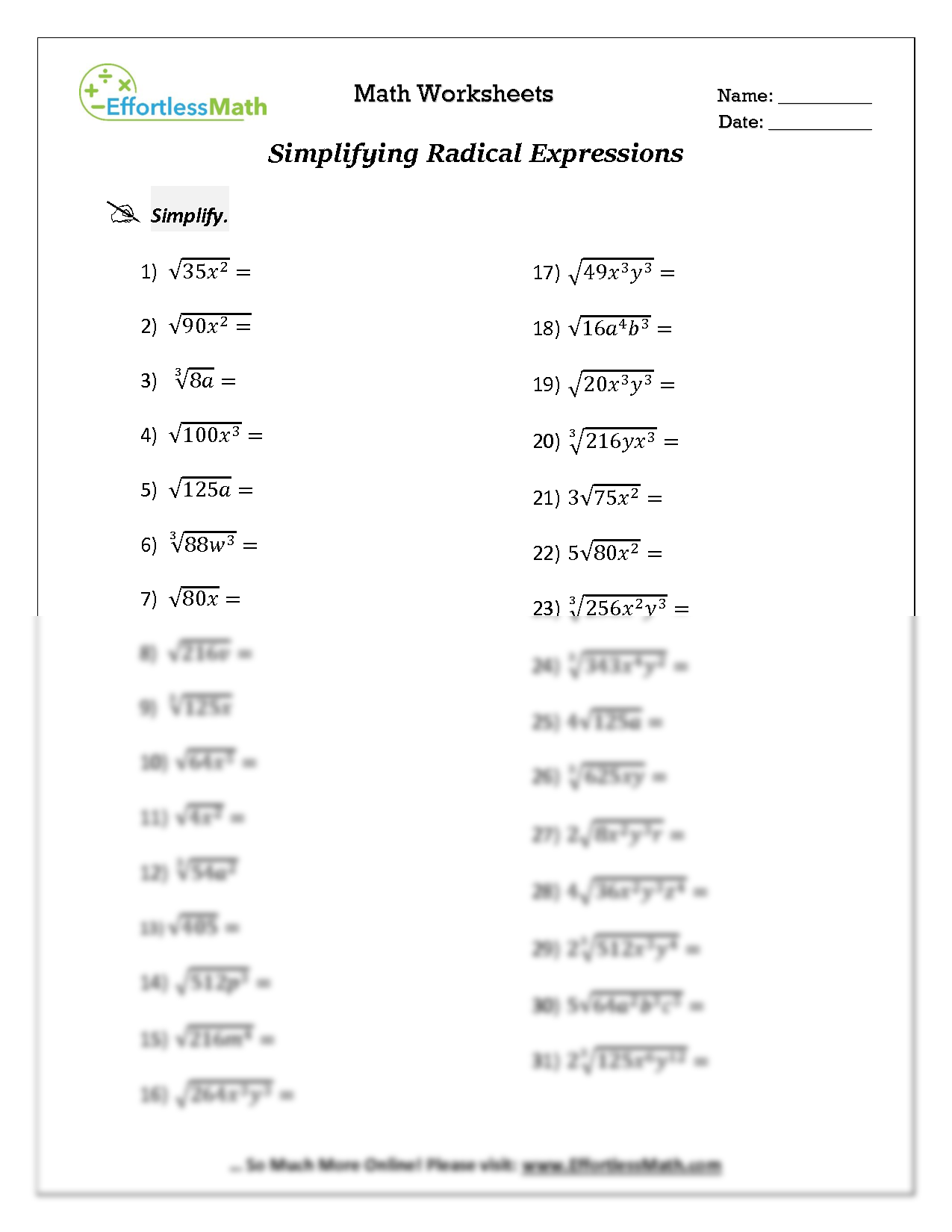 SOLUTION: Simplifying Radical Expressions Worksheet - Studypool ...