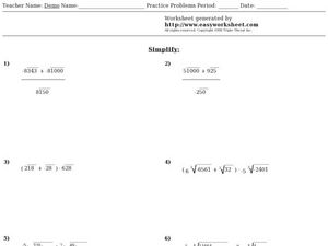 Easy Worksheet: Operations with Radicals Worksheet for 9th - 12th ...