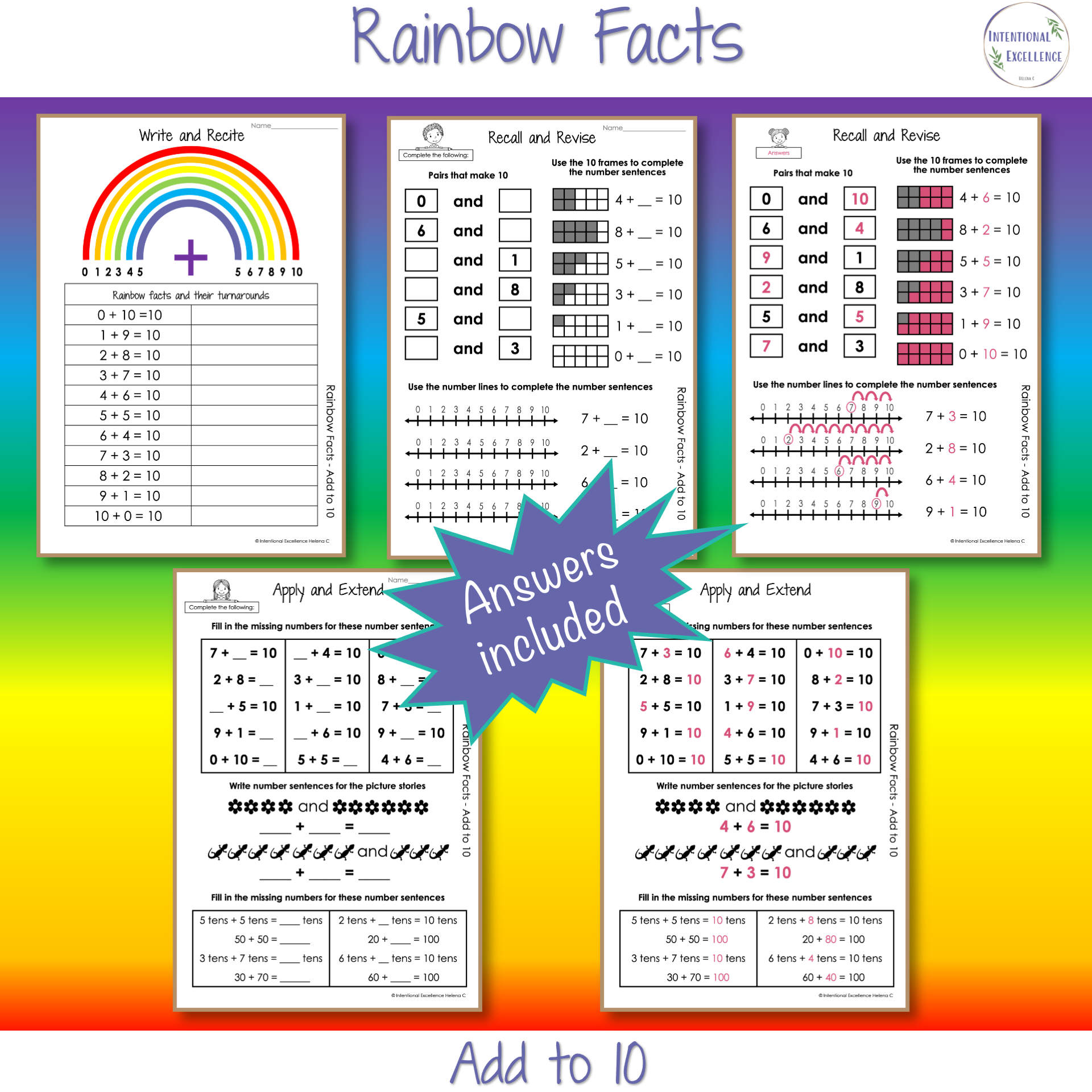 Basic Addition Rainbow Facts Add to 10 WORKSHEETS Year 1 - 2 Math ...