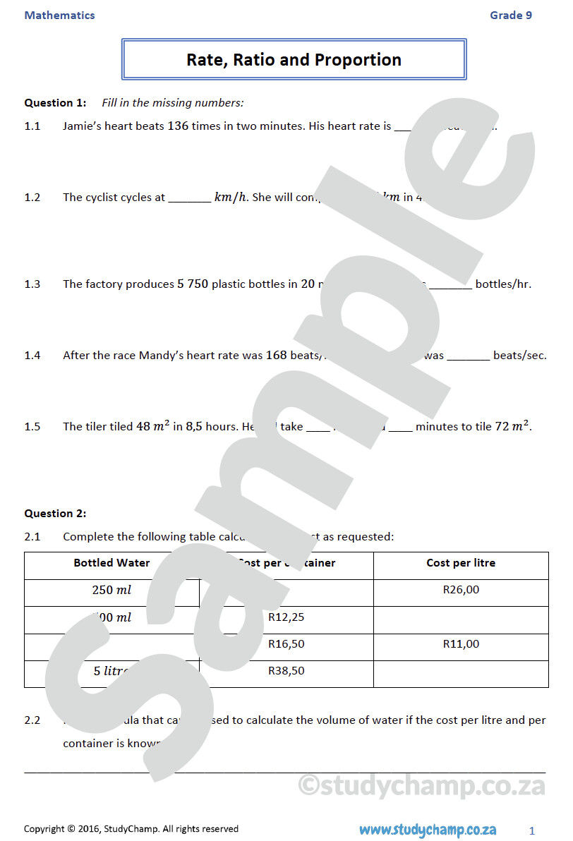 Grade 8 Mathematics Ratio and Rates Worksheet • Teacha! - Worksheets ...