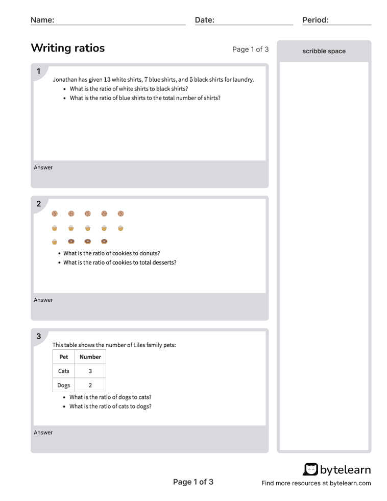 Writing Ratios Worksheets [PDF] (6.RP.A.3): 6th Grade Math - Worksheets ...