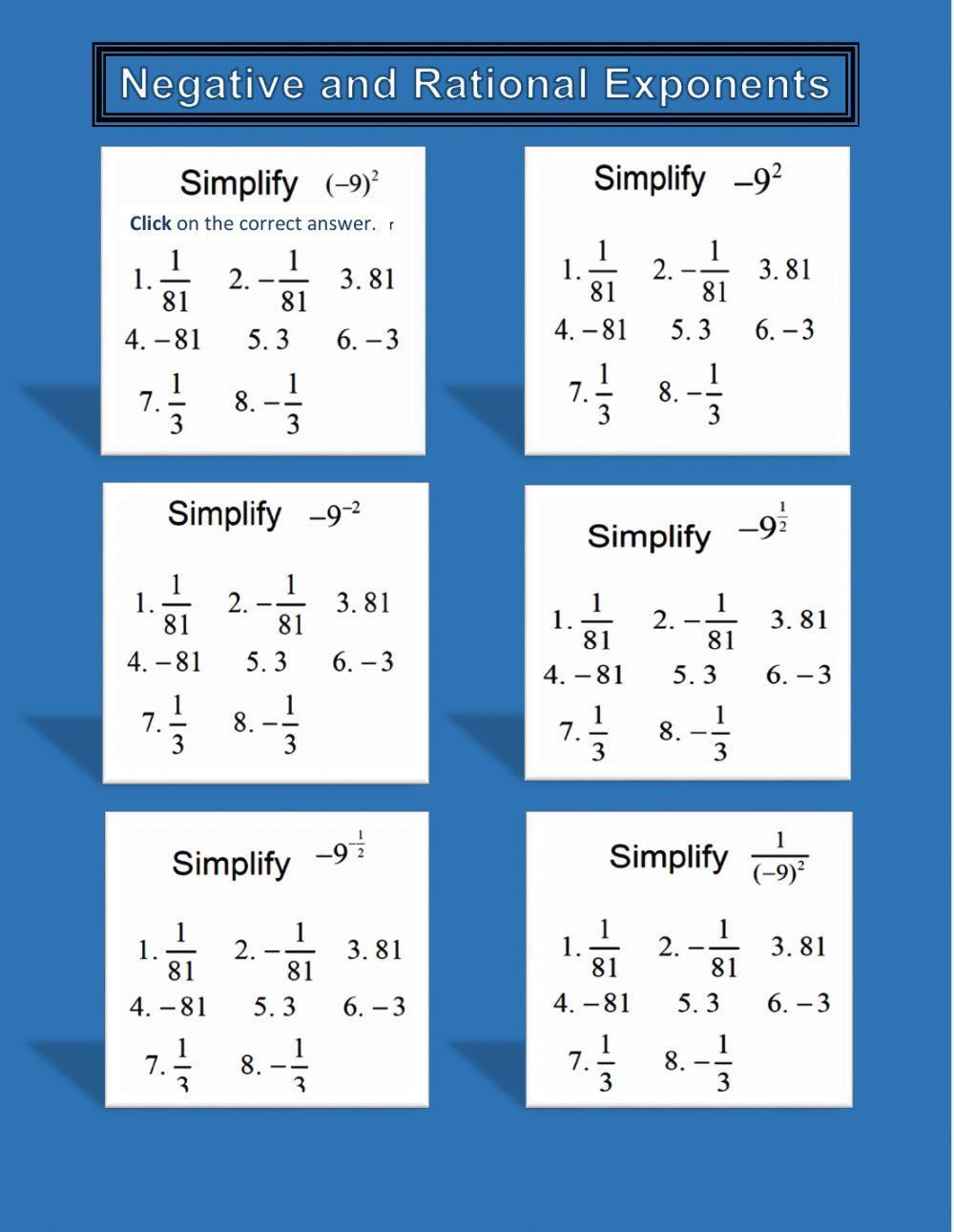 Negative And Rational Fractional Exponents Worksheet Live Worksheets Library