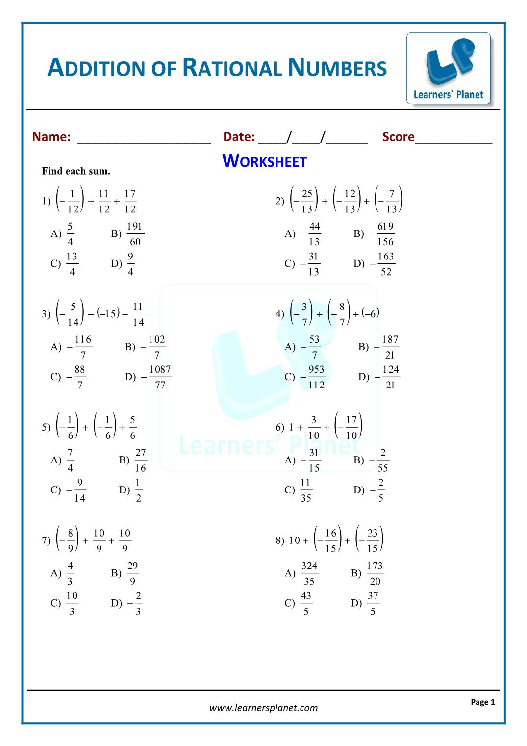 Adding and Subtracting Rational Numbers Worksheet | Free ... - Worksheets Library