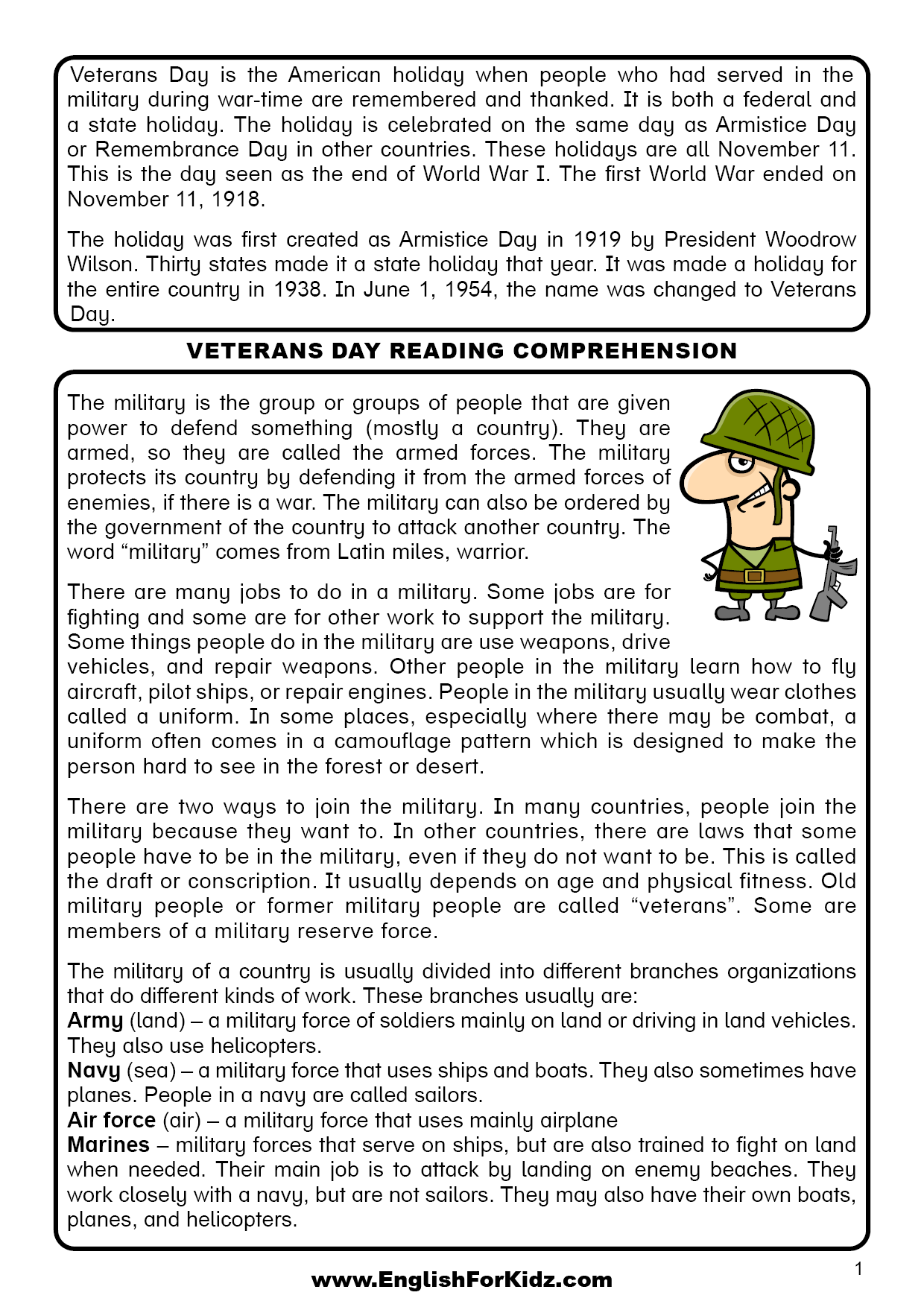 English for Kids Step by Step: Veterans Day Reading Comprehension ... - Worksheets Library