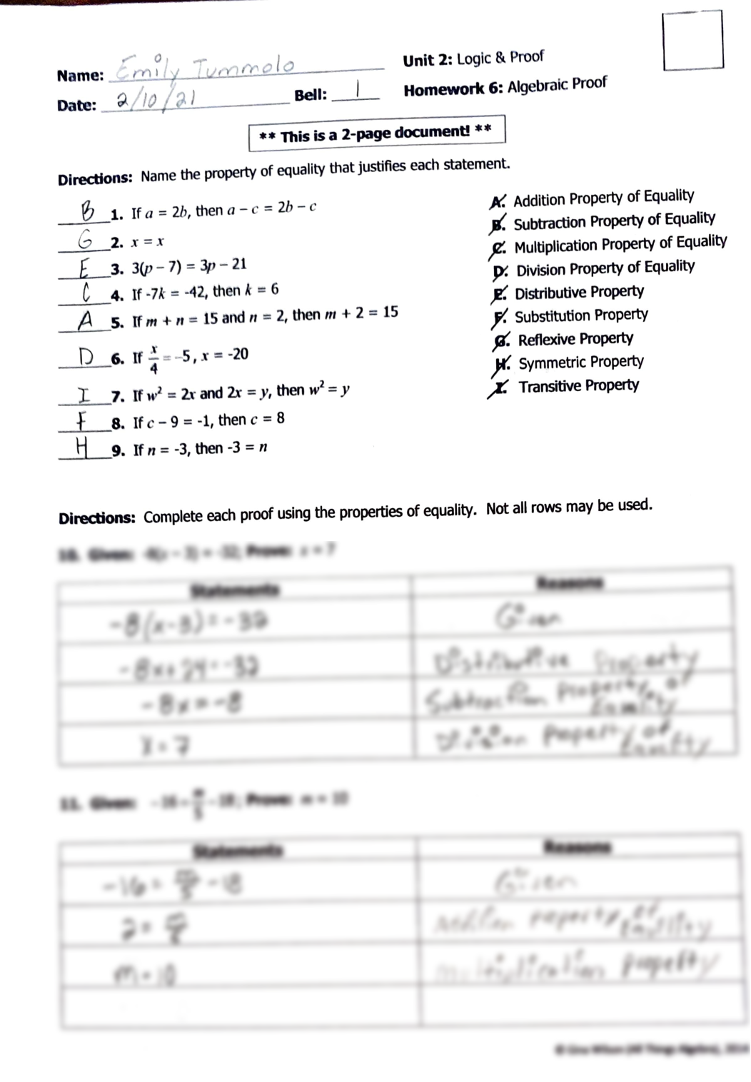 SOLUTION: Unit 2 Logic and Proof Algebraic Proof Worksheet - Studypool ...