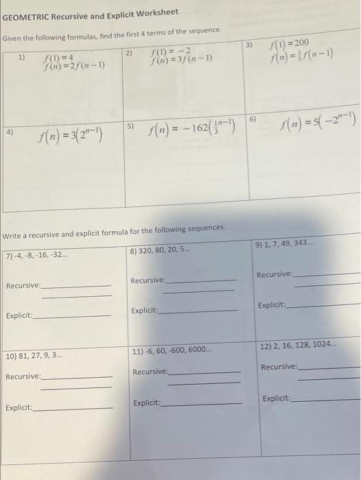 Solved Geometric Recursive And Explicit Worksheet 3 Given 3835
