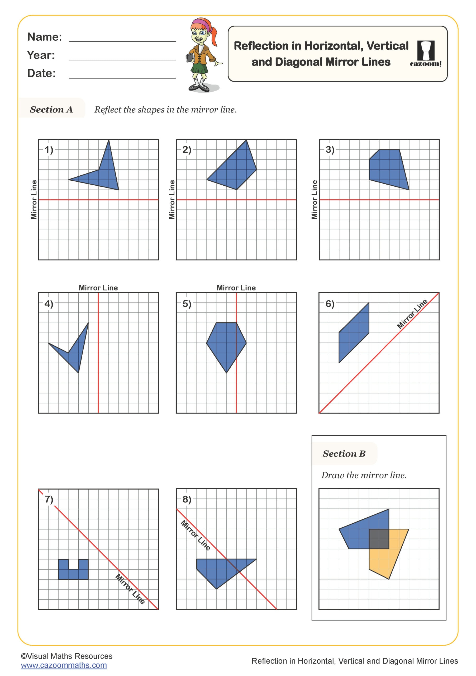 Reflection In Horizontal Vertical And Diagonal Mirror Lines Worksheets Library