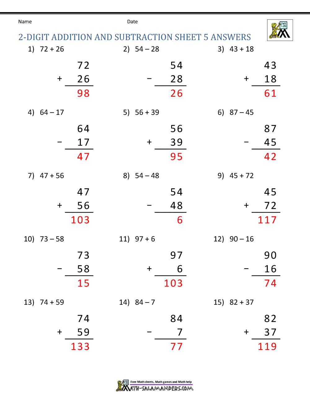 2 Digit Addition and Subtraction Worksheets - Worksheets Library