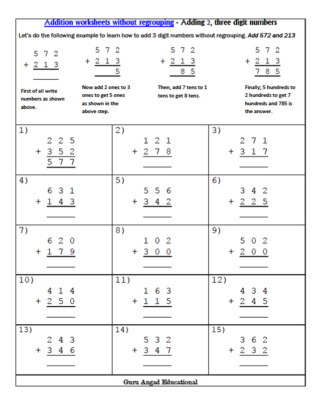 3RD GRADE MATH - THREE DIGIT ADDITION WITHOUT AND WITH REGROUPING ...