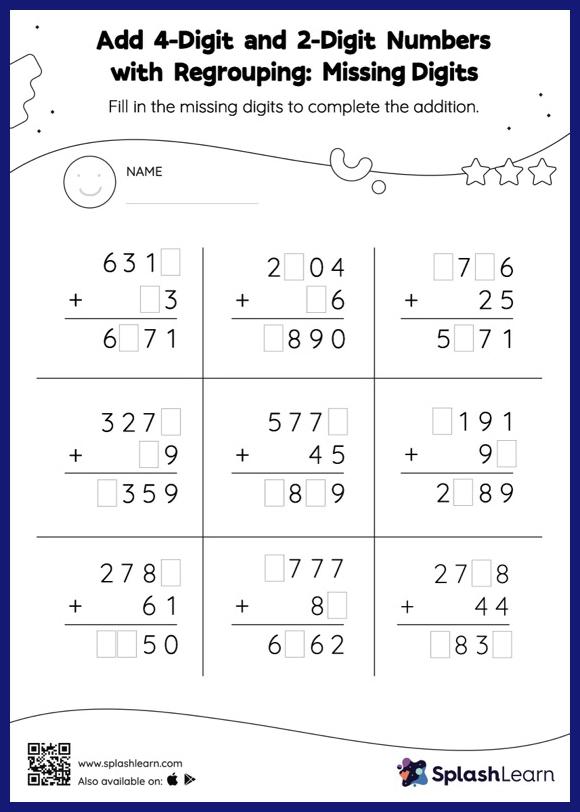 Add 4 Digit And 2 Digit Numbers With Regrouping Missing Digits