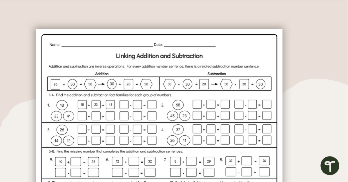 Linking Addition And Subtraction Worksheet Teach Starter Worksheets