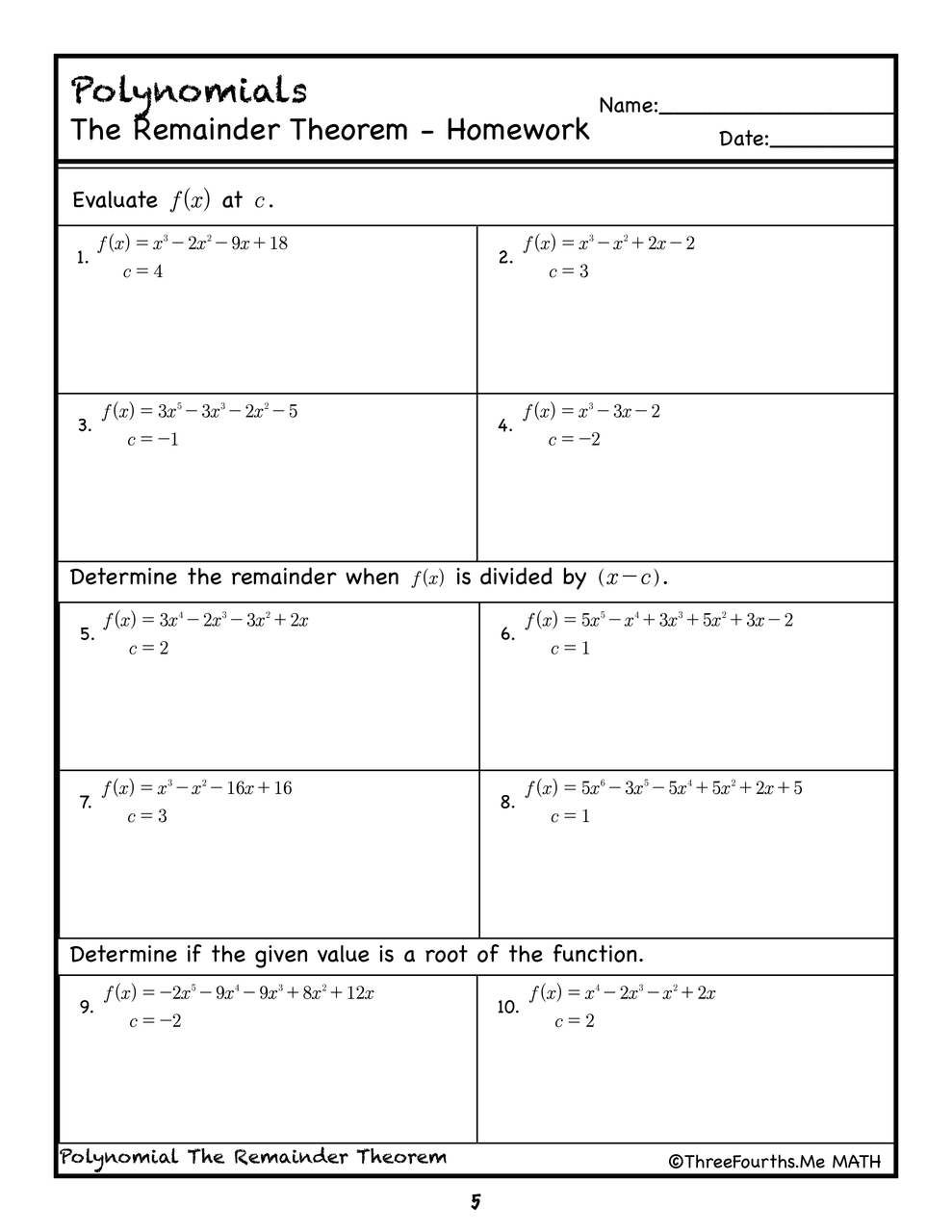 Polynomials The Remainder Theorem Notes Classwork And Homework