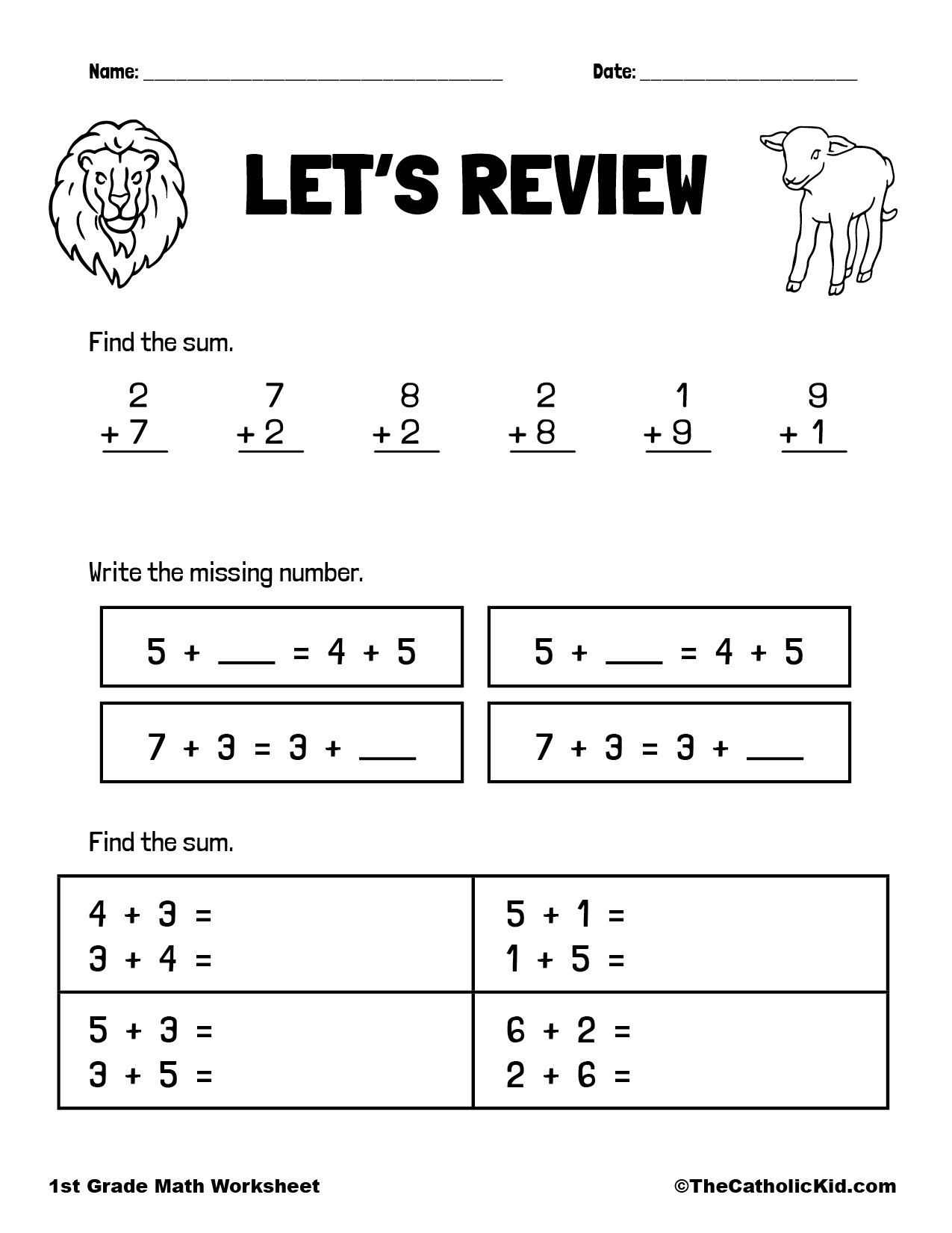Addition Review - 1st Grade Math Worksheet Catholic ... - Worksheets ...