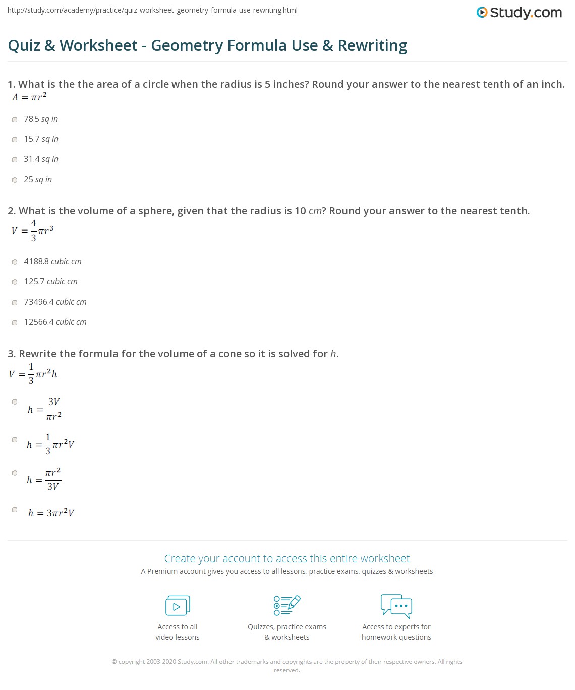 Quiz And Worksheet Geometry Formula Use And Rewriting