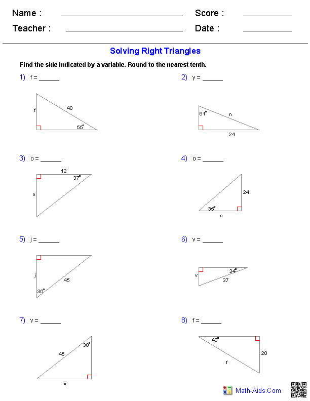 Right Triangle Trig Finding Missing Sides And Angles Worksheet Answers