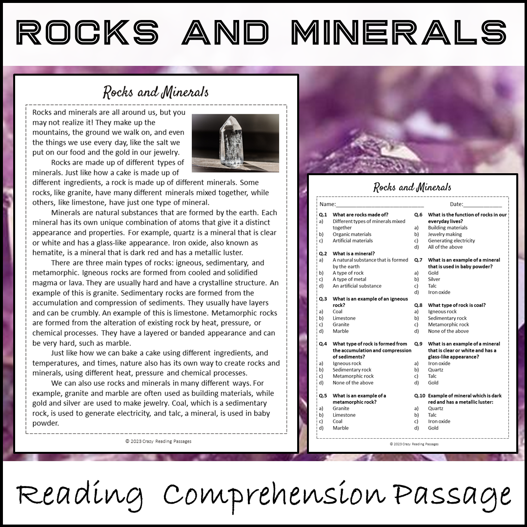 Rocks And Minerals Reading Comprehension Passage and Questions ...