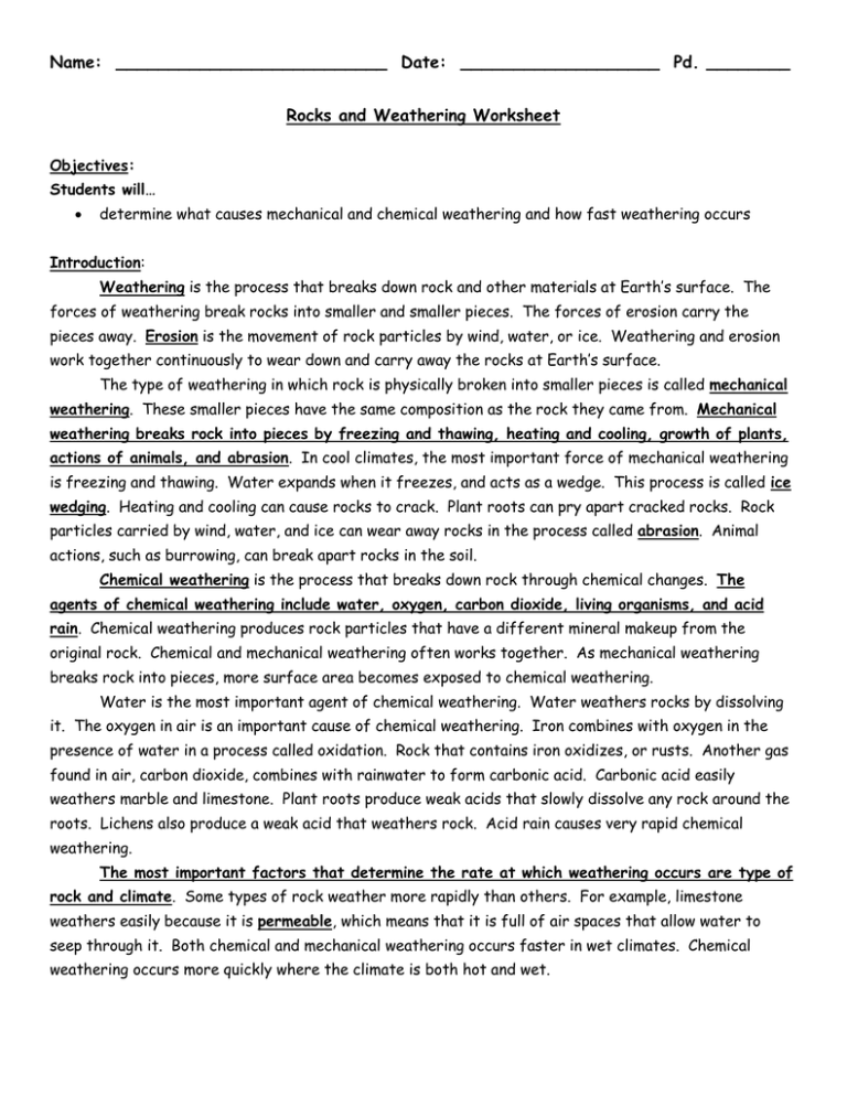 Rocks and Weathering Worksheet - Worksheets Library