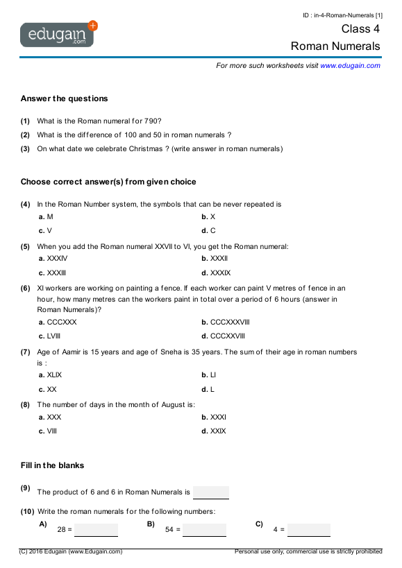 Grade 4 Roman Numerals Math Practice Questions Tests