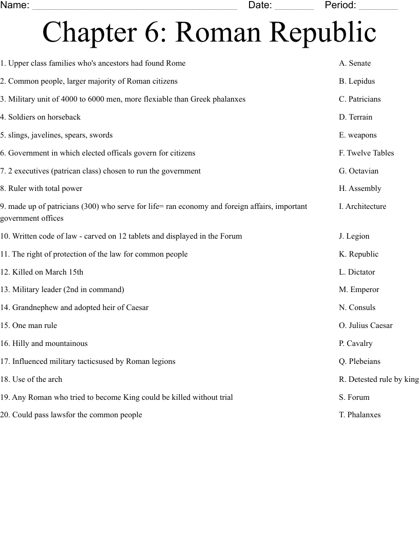 Chapter 6: Roman Republic Worksheet - WordMint - Worksheets Library