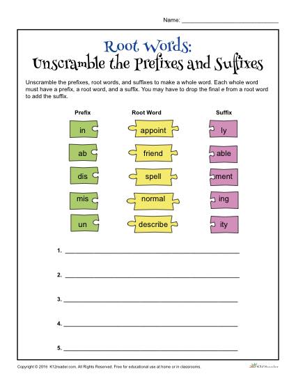 Root Words | Unscramble the Prefixes and Suffixes - Worksheets Library