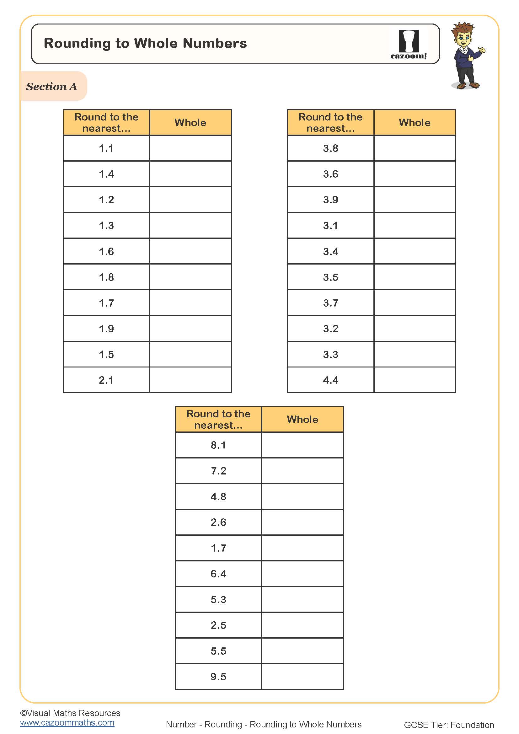 Rounding To The Nearest Whole Number Worksheet Printable PDF