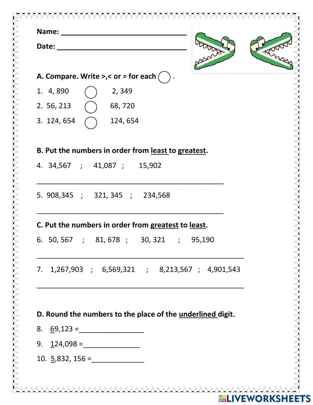 Place Value Rounding Comparing And Ordering Numbers 5 Day