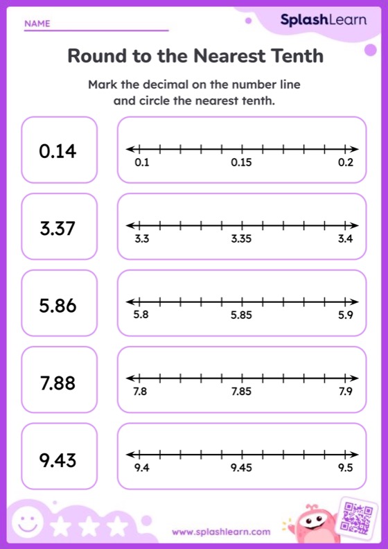 Round Decimals To The Nearest Tenth Using Number Line — Printable