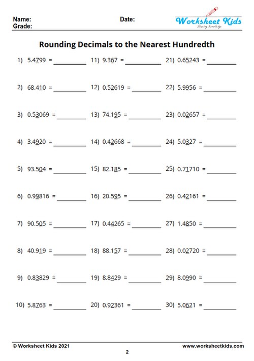 Rounding decimals worksheet for 5th Grade with answer key - Free PDF ...