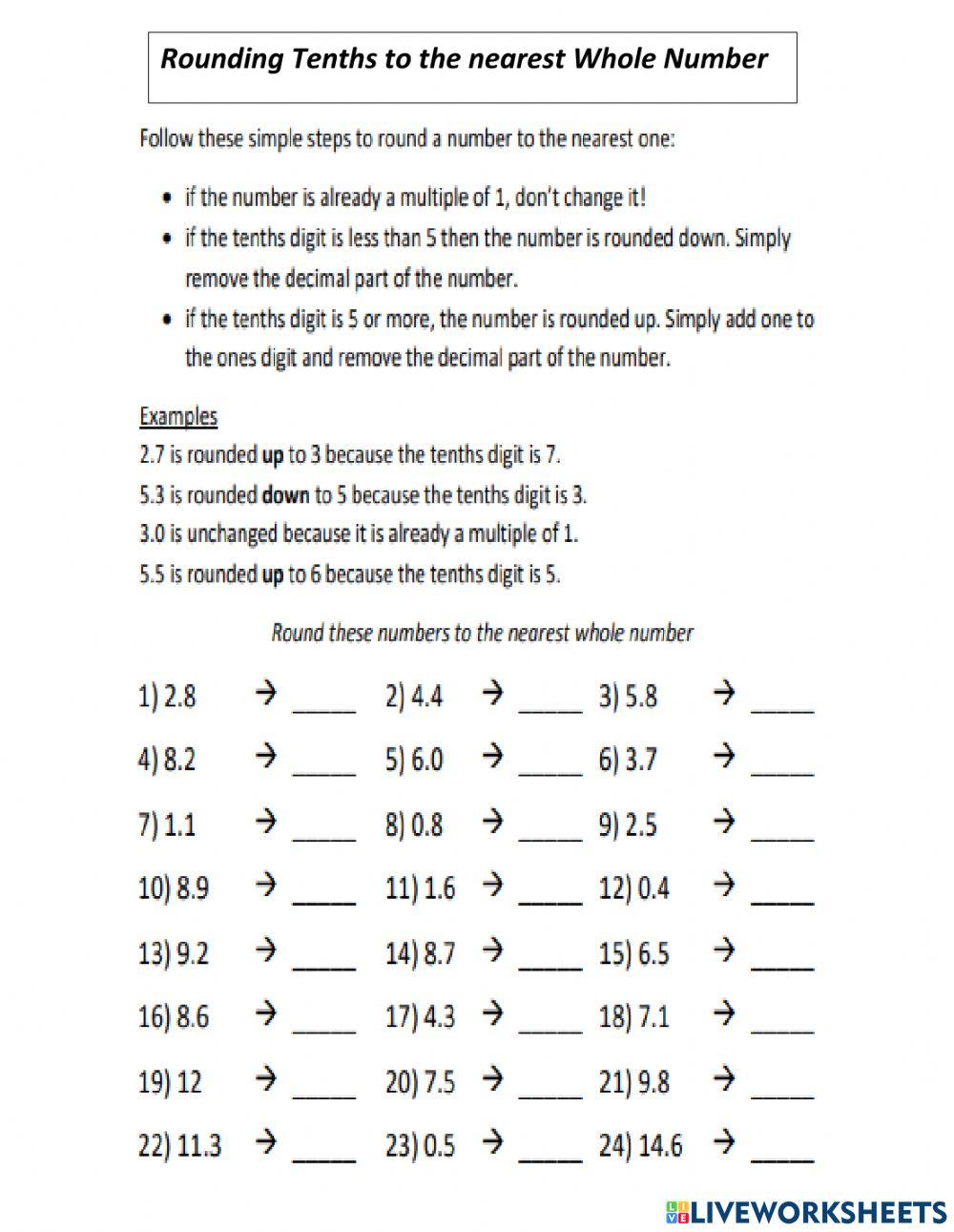 Rounding tenths to the nearest Whole number worksheet | Live ...