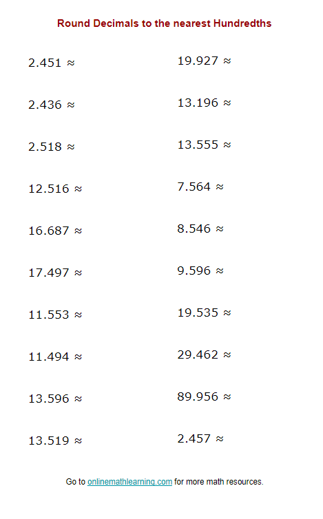 Round Decimals to the nearest Hundredths (printable, online, answers ...