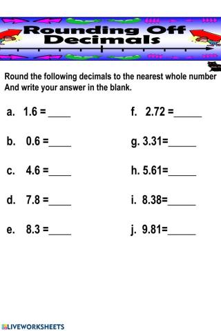 Rounding Decimals to the nearest whole number worksheet | Live ...