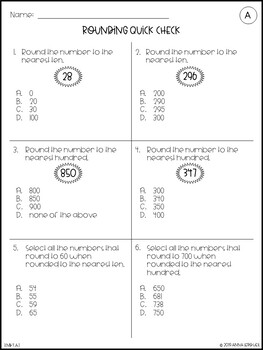 3rd Grade Multiple Choice Rounding Quick Check Assessments & Answer ...