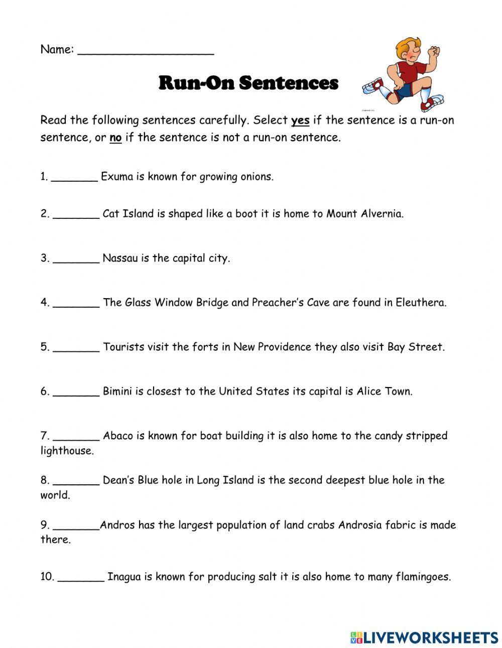 Run On Sentences online worksheet | Live Worksheets - Worksheets Library