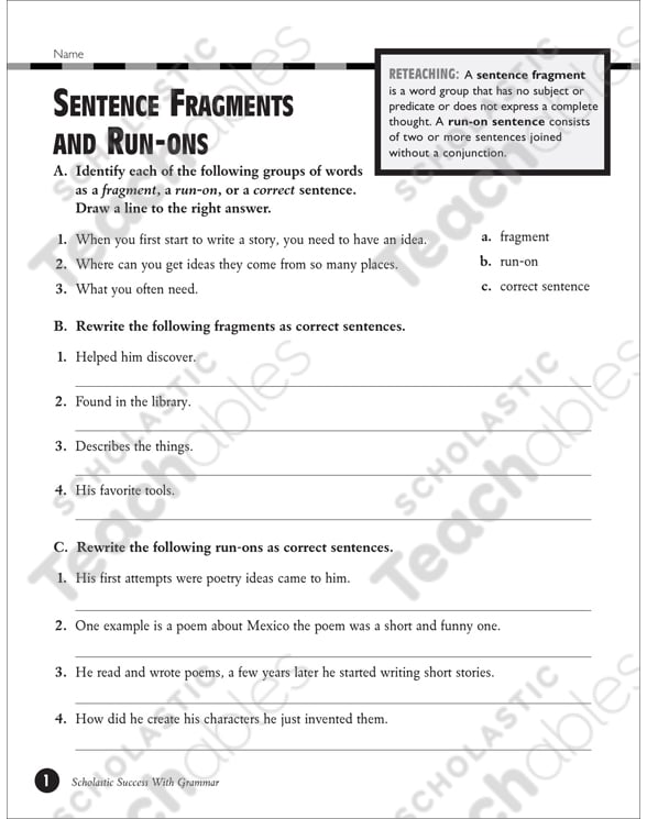 Sentence Fragments and Run-Ons (Grades 5-6) | Printable Test Prep ...