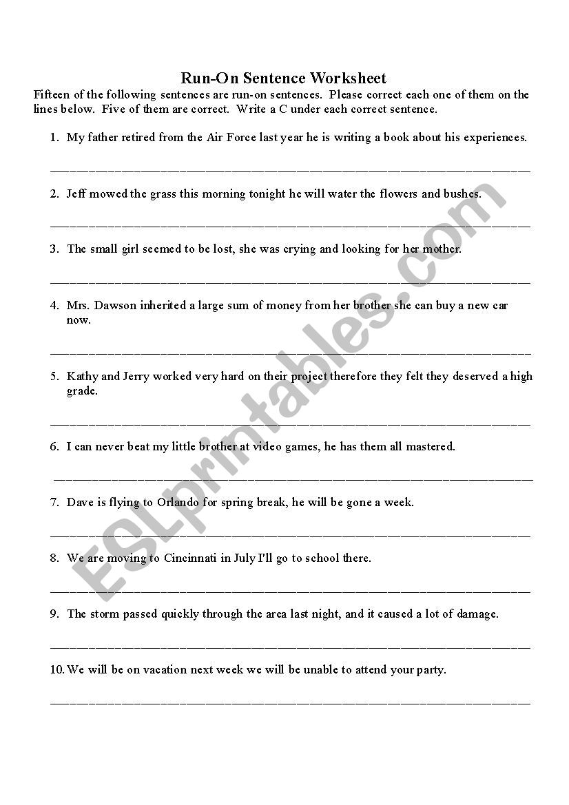 Run on sentence - ESL worksheet by joshuawang - Worksheets Library