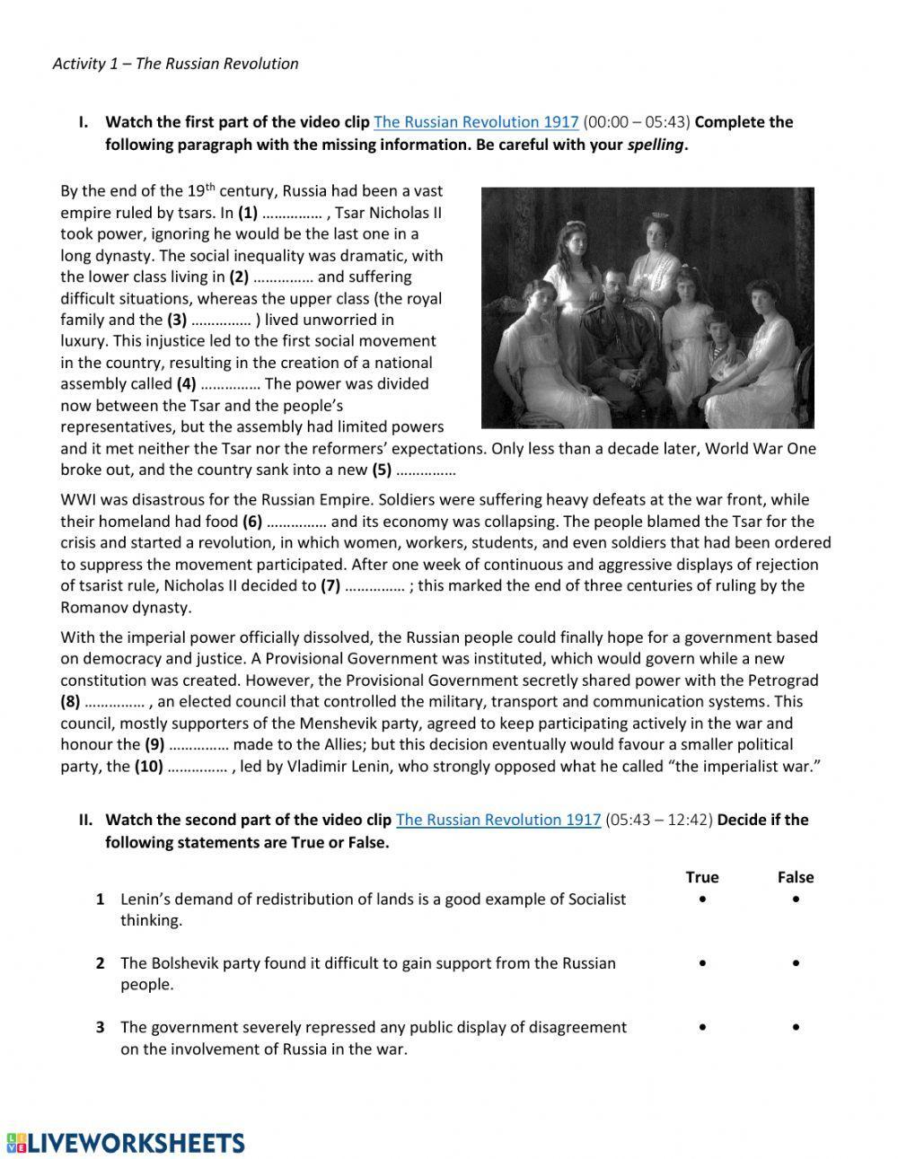 The Russian Revolution interactive worksheet | Live Worksheets ...