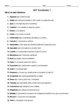 SAT Vocabulary 2 Practice Worksheet - Worksheets Library