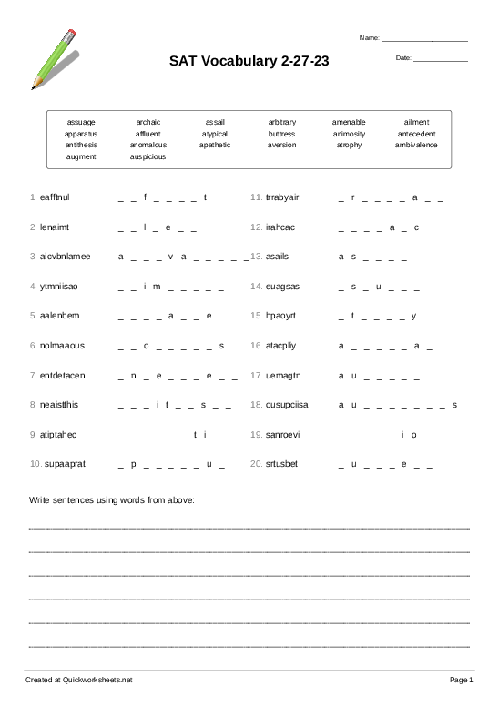 SAT Vocabulary 2-27-23 - Word Scramble - Quickworksheets - Worksheets ...