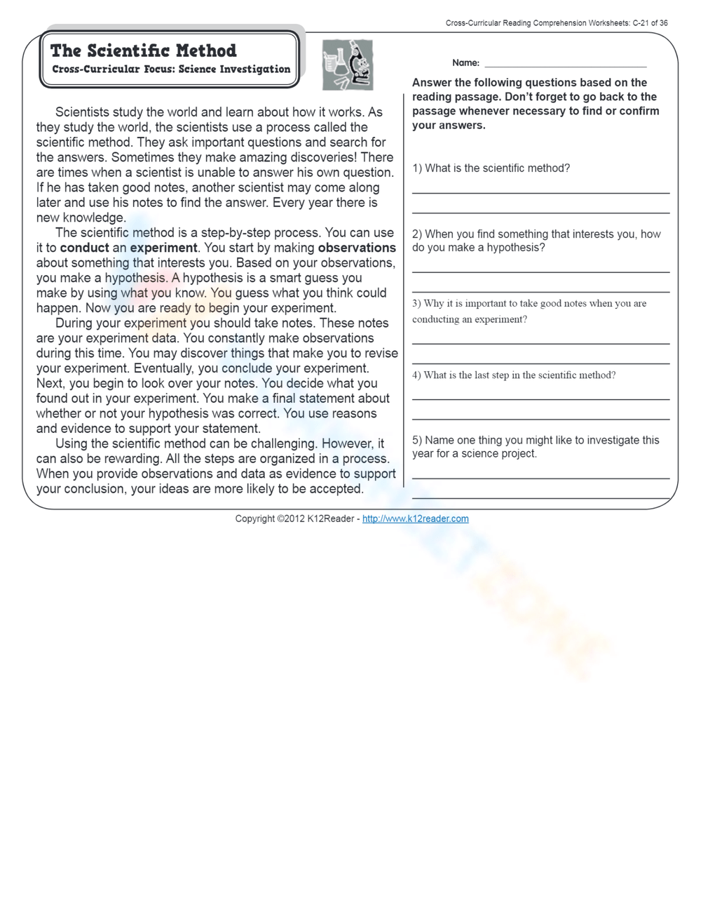 Free scientific method reading comprehension worksheet, Download Free ...
