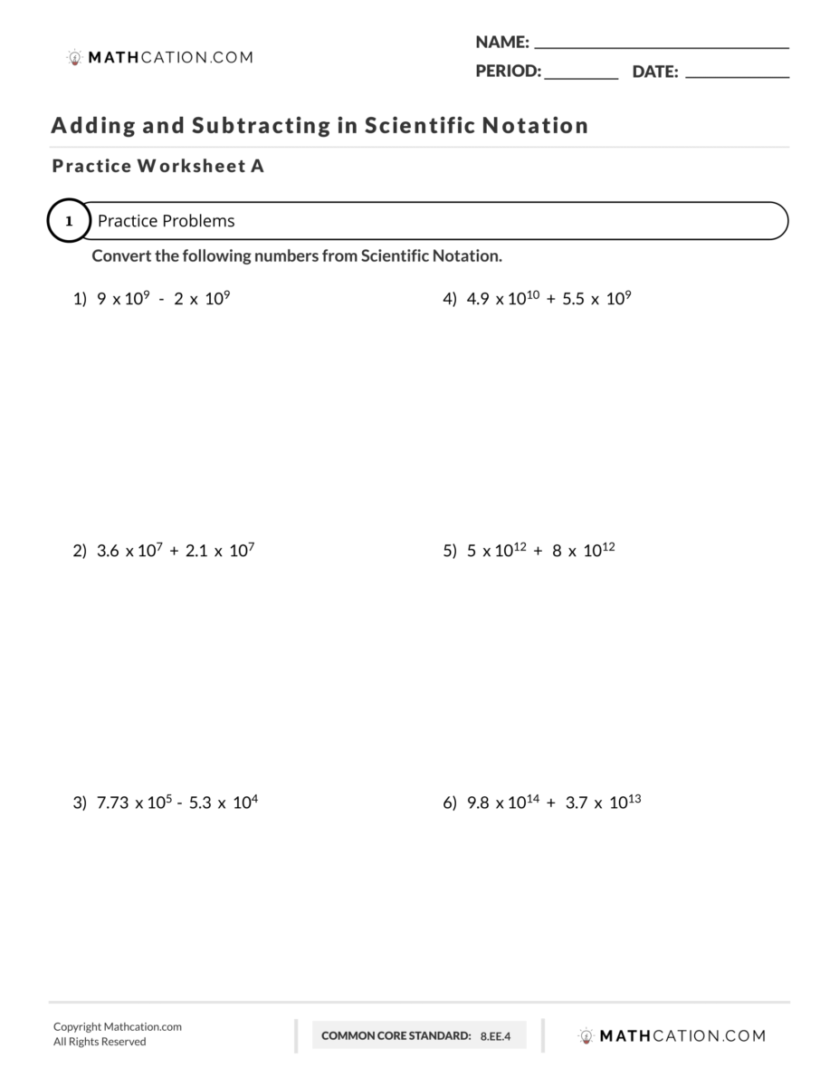 Scientific Notation Addition And Subtraction Independent Practice Worksheets Library