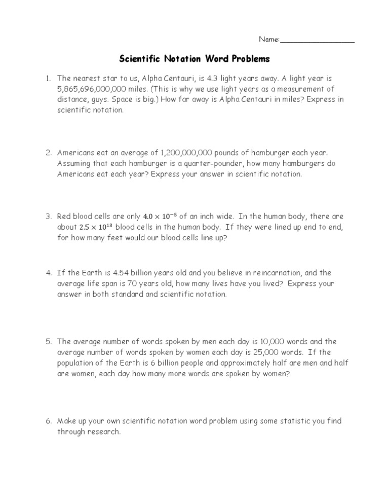Scientific Notation Word Problems Worksheet Pdf Science