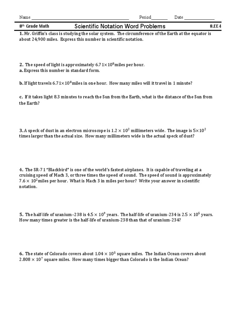Matchingpdf Name Date Scientific Notation Word Problems Worksheets Library
