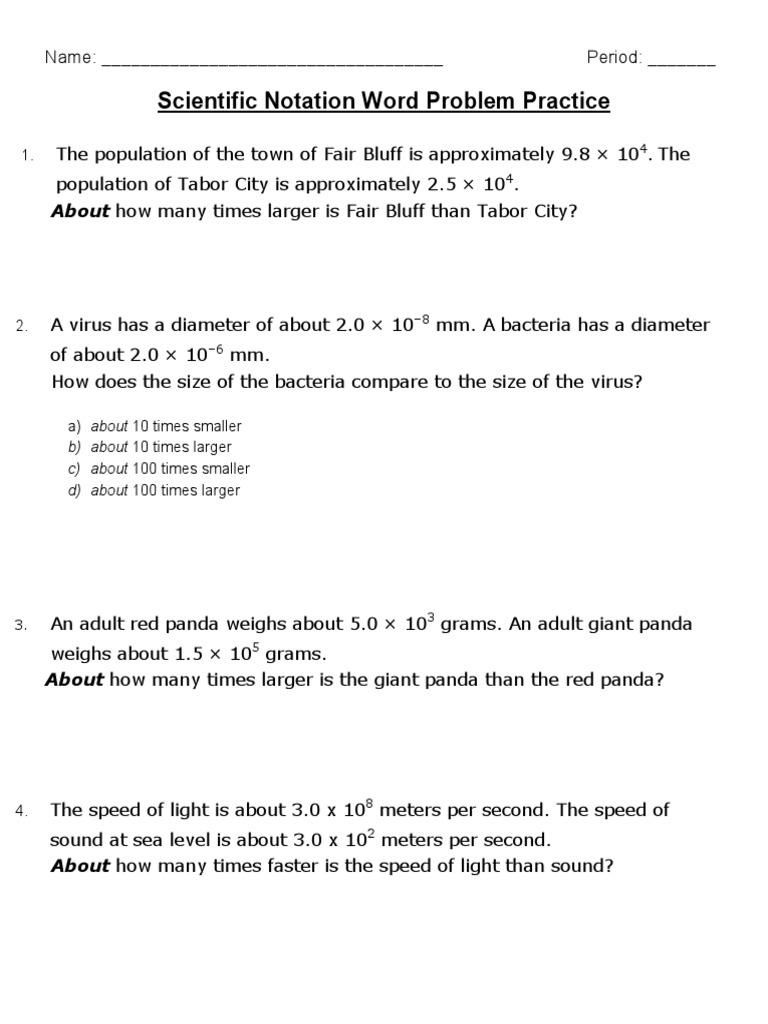Scientific Notation Word Problems Gc Practice Pdf Worksheets Library